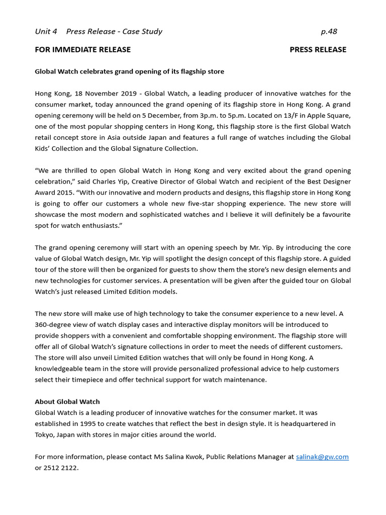 Unit 4 Case Study - Global Watch - Suggested Answer | PDF