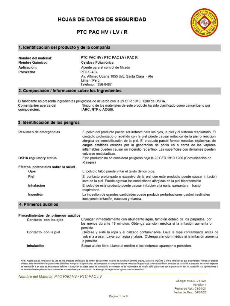 MSDS Pac HV | PDF | Residuos | Agua