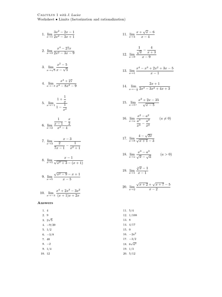 Calculus Limits Worksheet Solutions | PDF