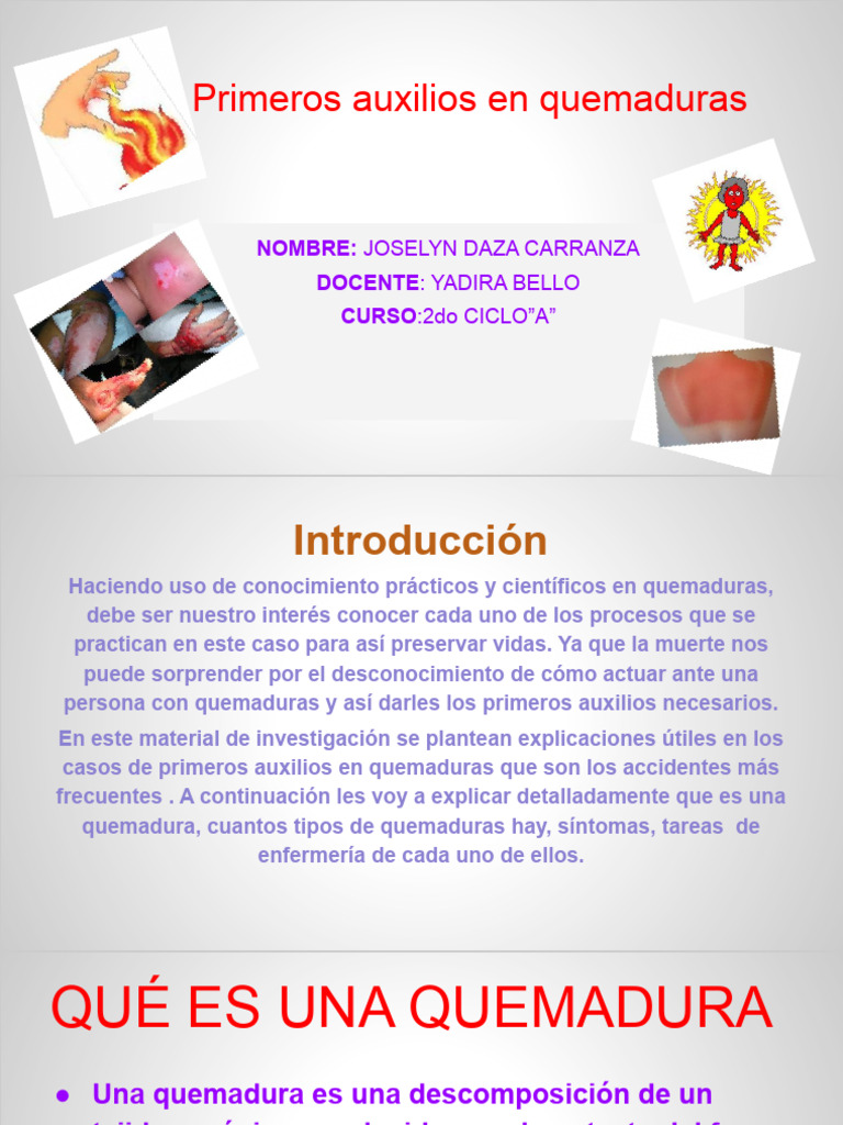 Diapositivas de Primeros Auxilios en Quemaduras | PDF | Quemar | Primeros auxilios