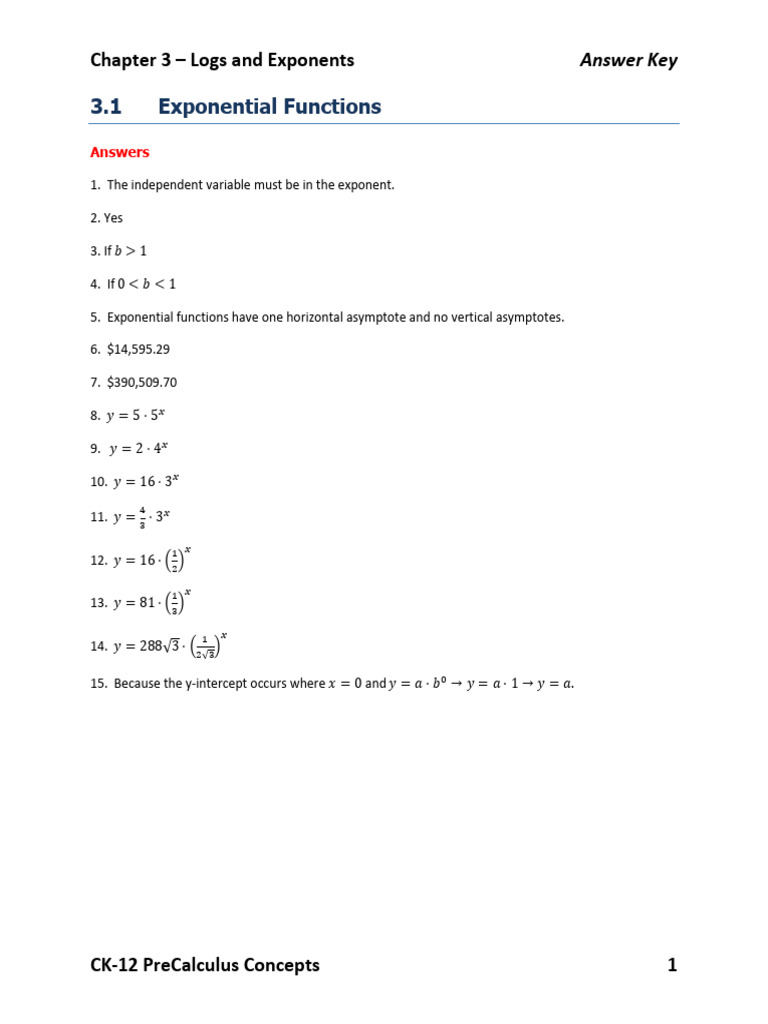 Answer Key - CK-12 Chapter 03 PreCalculus Concepts | PDF | Exponentiation | Arithmetic