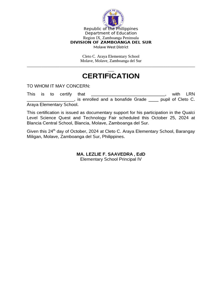 Certification for Grade Pupil Enrollment | PDF
