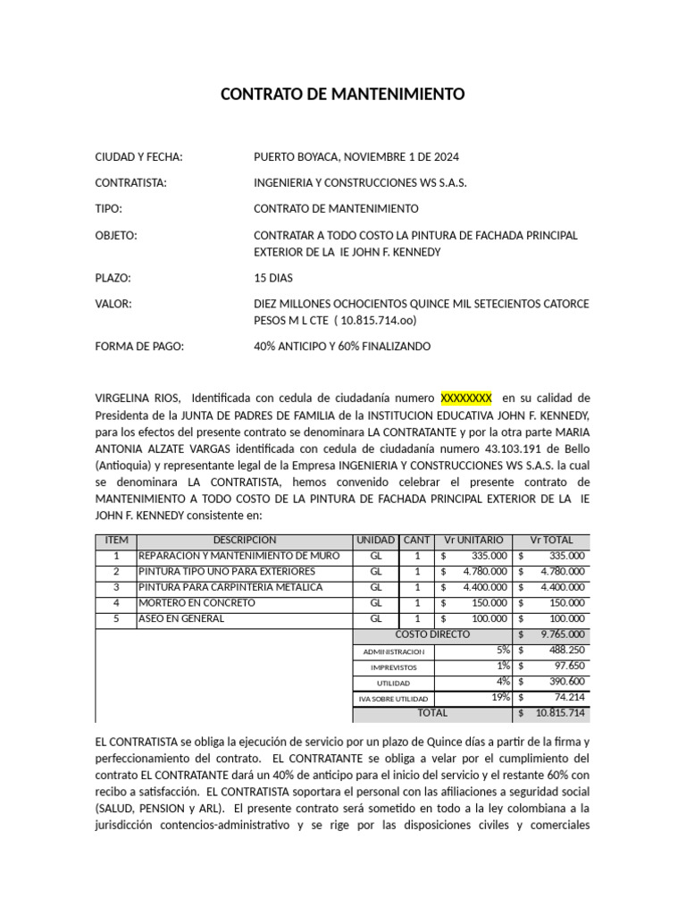 Contrato de Mantenimiento | PDF