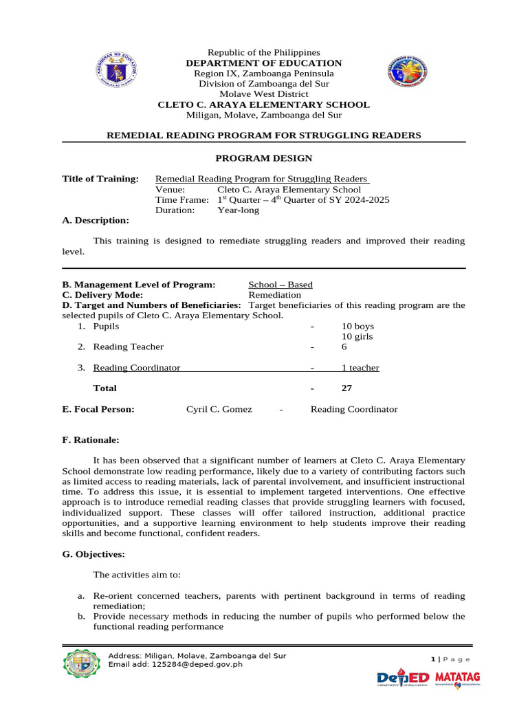 Remedial Reading Program Design Sy 2024-2025 | PDF | Cognition ...