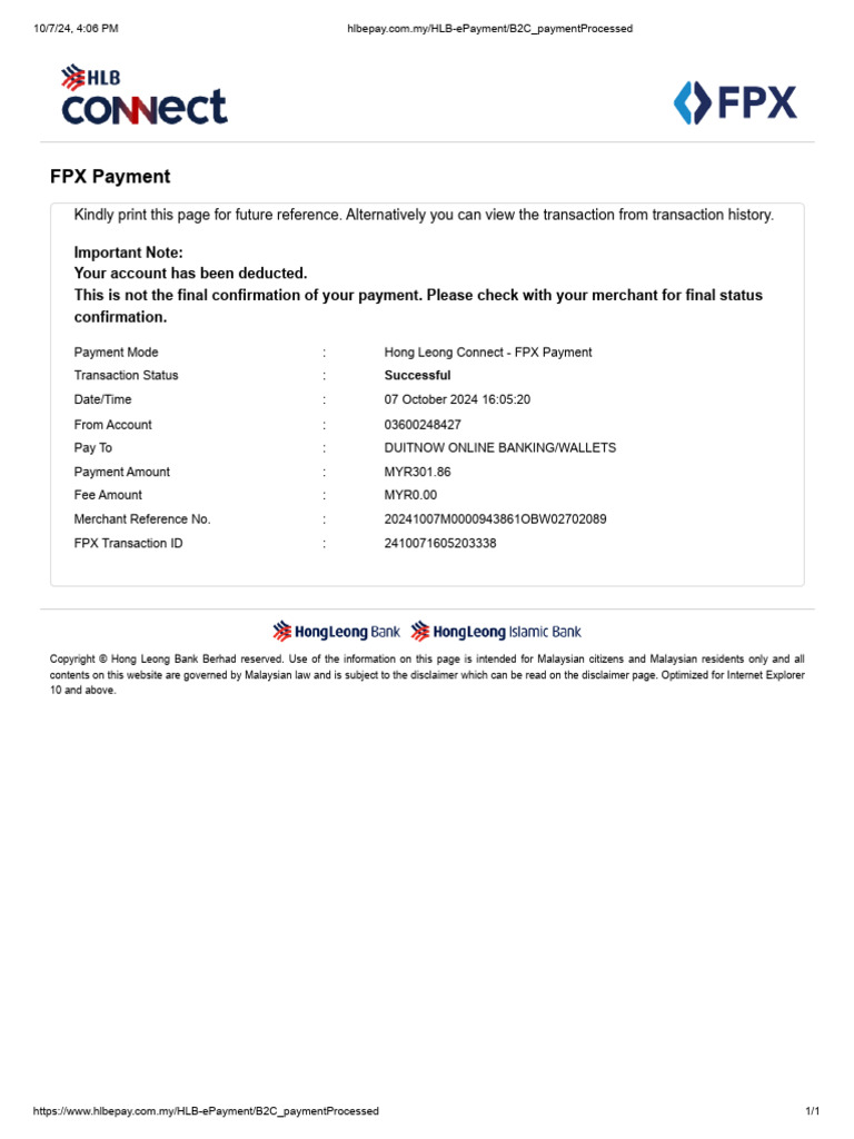 FPX Payment Confirmation Notice | PDF