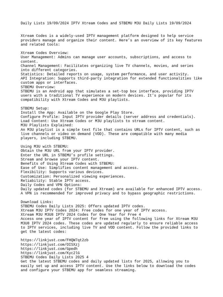 IPTV Xtream Codes and STBEMU M3U Daily Lists 19092024 | PDF | Streaming Media | Mobile App