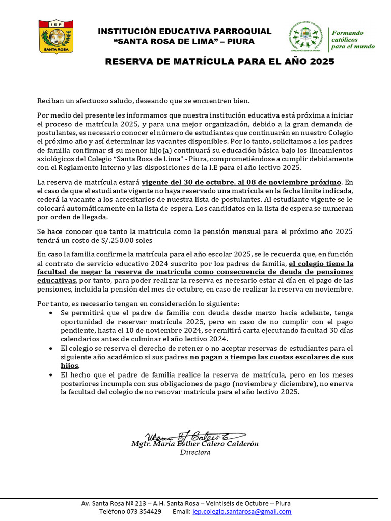 Reserva de Matrícula 2025 - Santa Rosa Piura | PDF