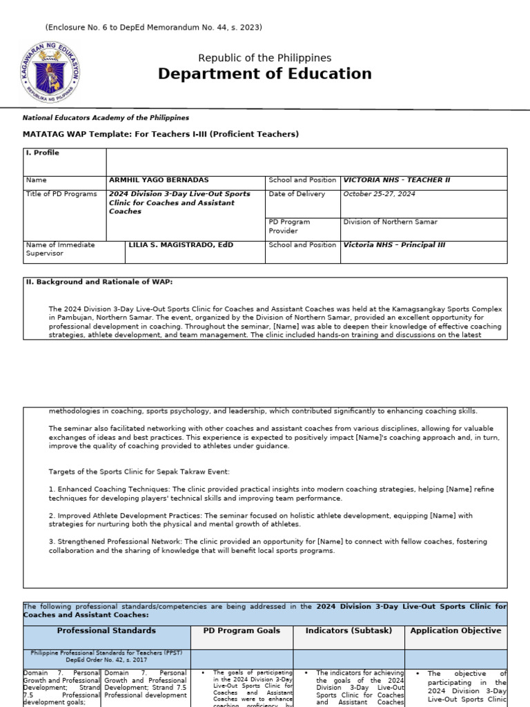Sample MATATAG WAP For Teachers | PDF | Collaboration | Sports