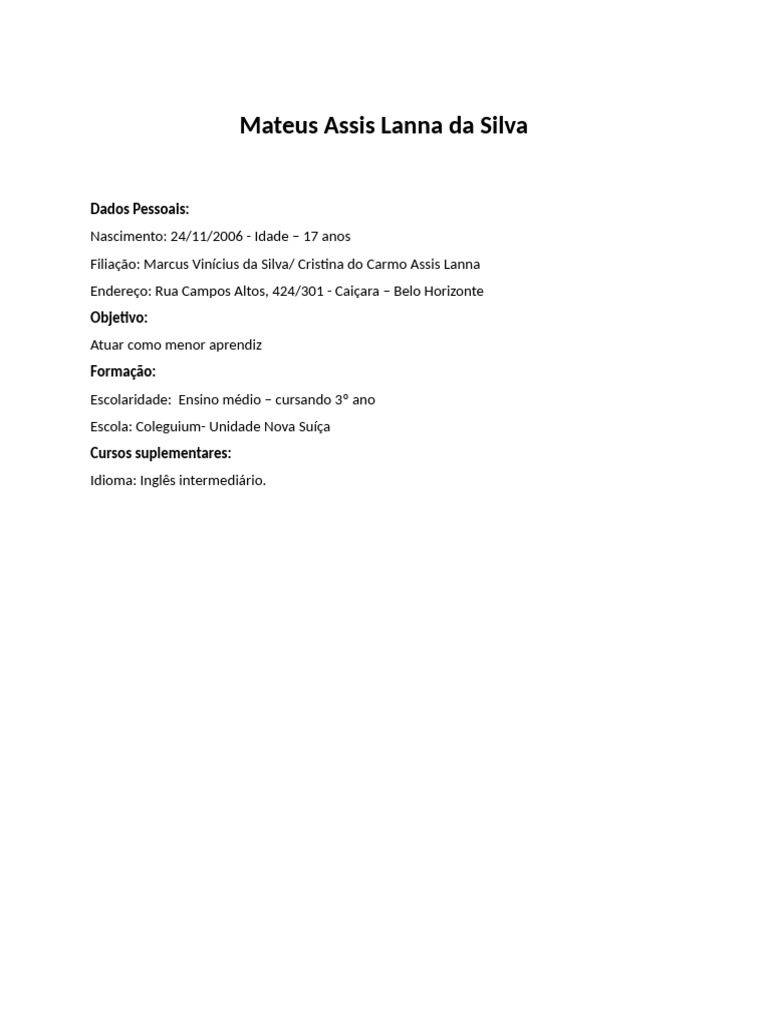 Mateus Assis Lanna Da Silva - Curriculo | PDF