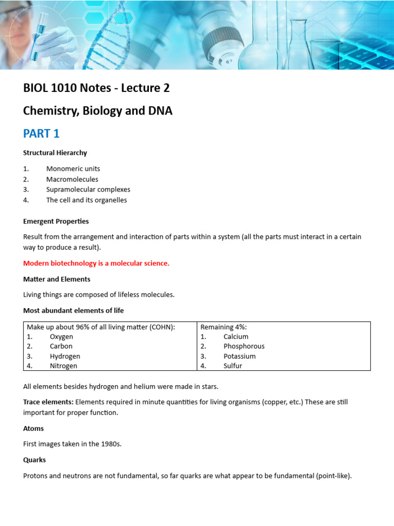 Biol 1010 2024 Lecture 02 Notes Pdf Dna Genetics
