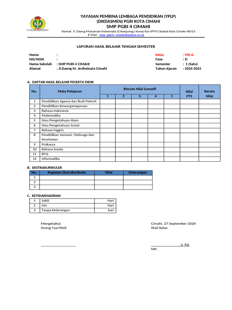 Format Rapor PTS Kelas VIII Ganjil 24-25 | PDF