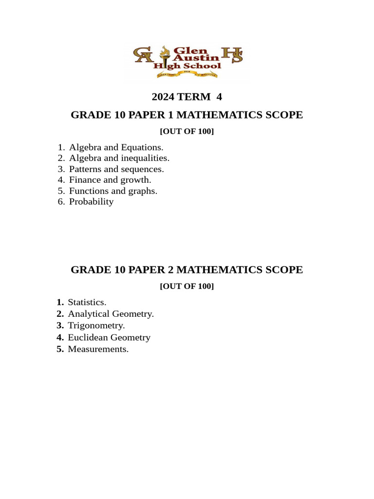 10 Paper 1 - 2 - 2024 T4 Maths Scopes | PDF
