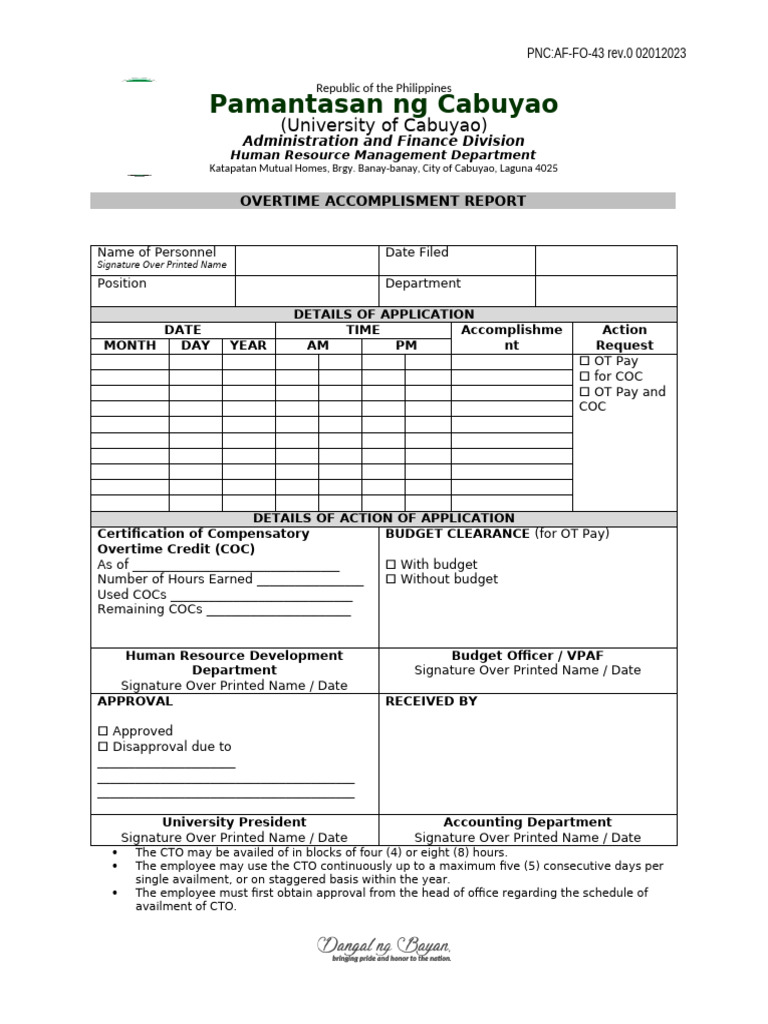 PNC AF-FO-43 Overtime Accomplishment Report (20230207151023) | PDF ...