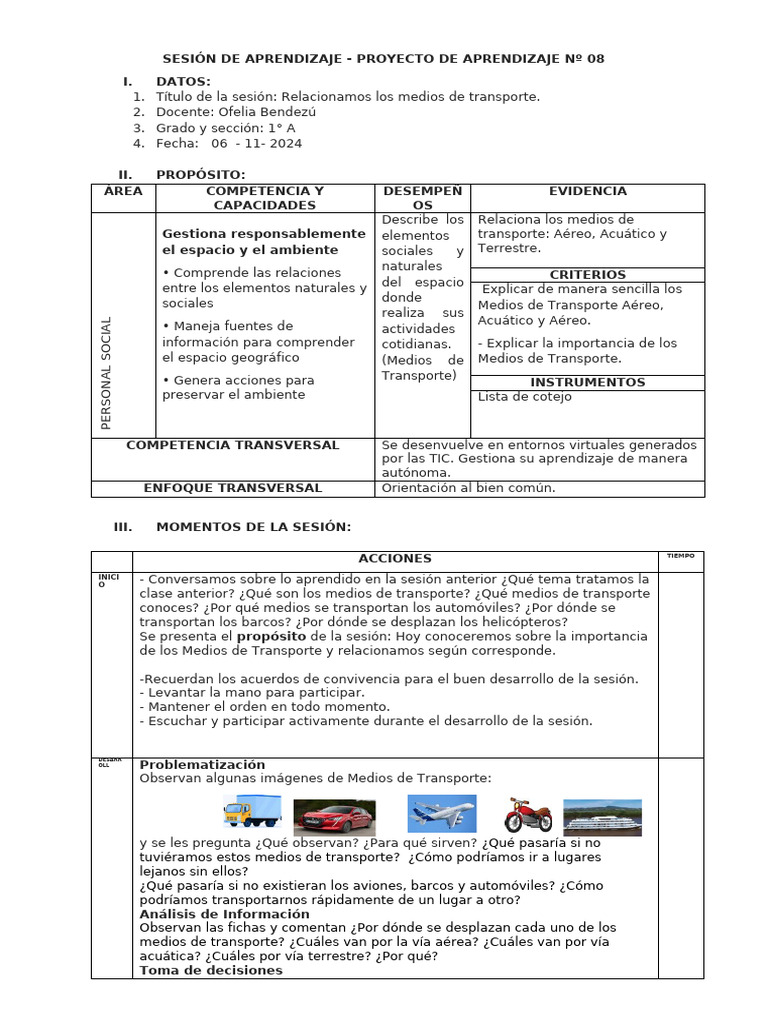 Medios de Transporte para 1° A | PDF | Transporte | Aprendizaje