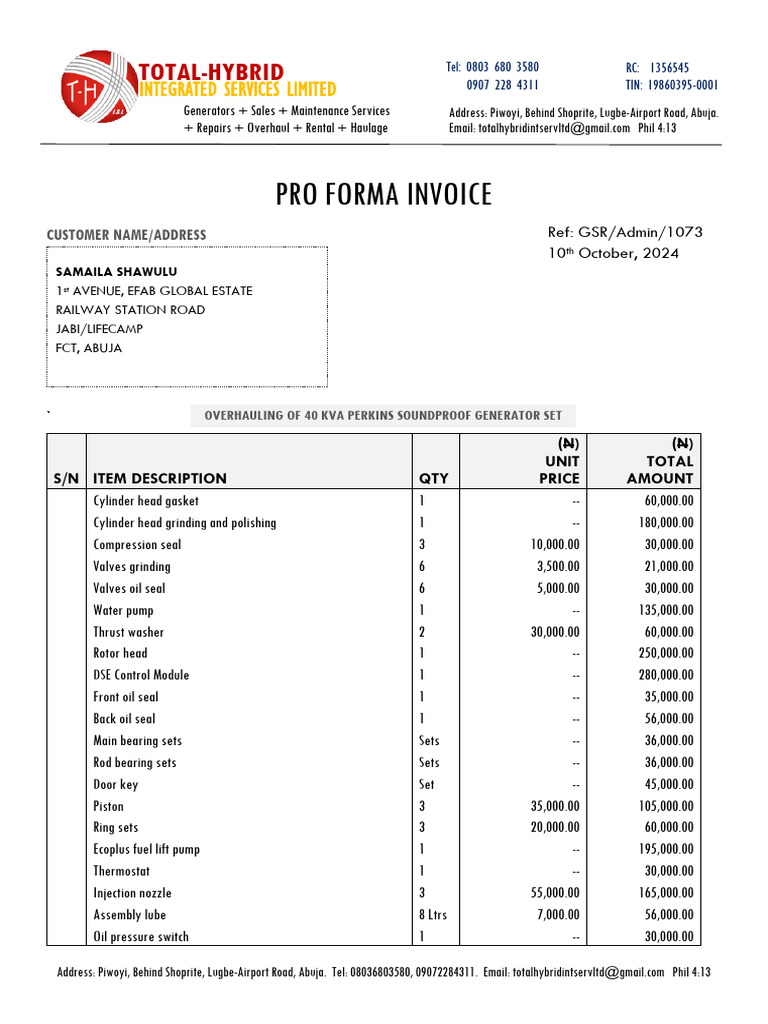SAMAILA - 40kva Genset - Overhaul Quote | PDF | Propulsion | Vehicle Parts