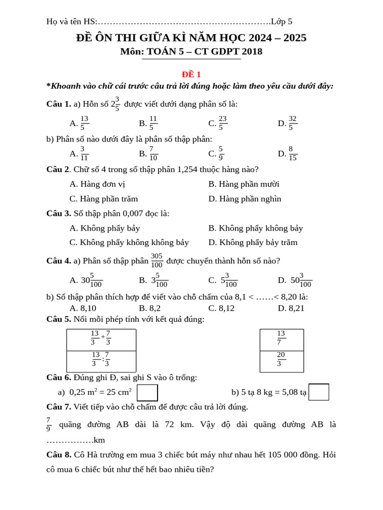 đề ktra toán TX lần 3 - Lớp 5 kntt - 22 tháng 10 | PDF
