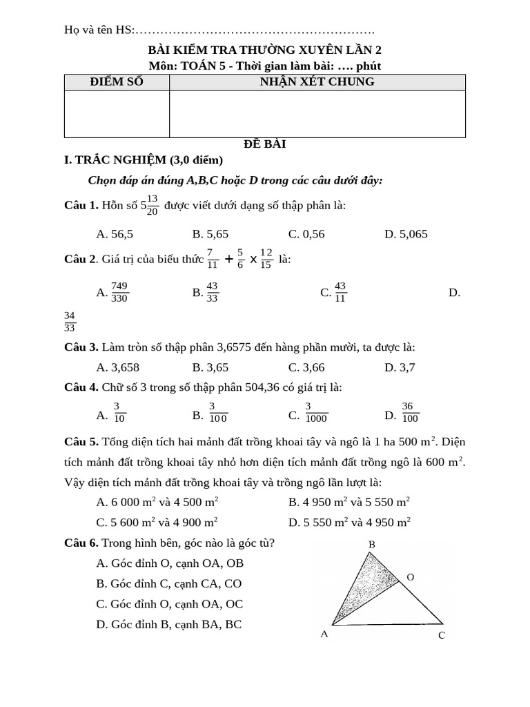 đề ktra toán TX lần 2 - Lớp 5 kntt - tháng 10 | PDF