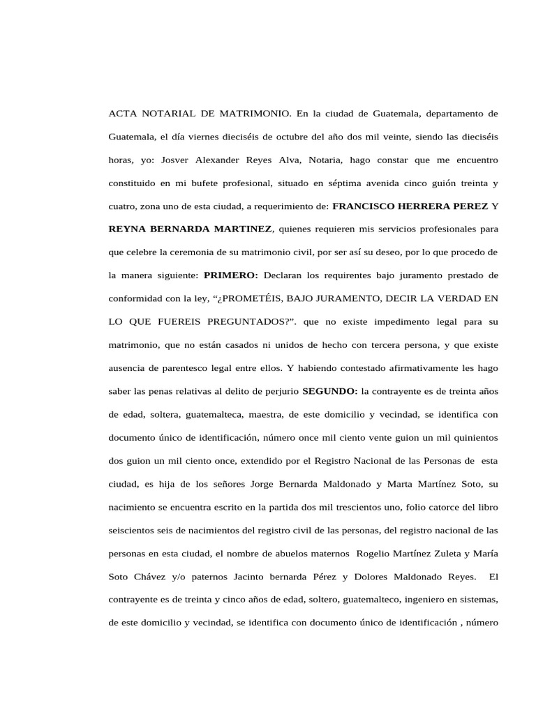 Acta Notarial de Matrimonio y Su Acta de Protocolizacion 2020 | PDF | Matrimonio civil | Matrimonio