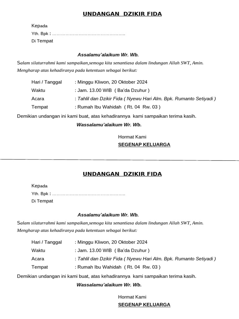 Undangan Dzikir Fida | PDF