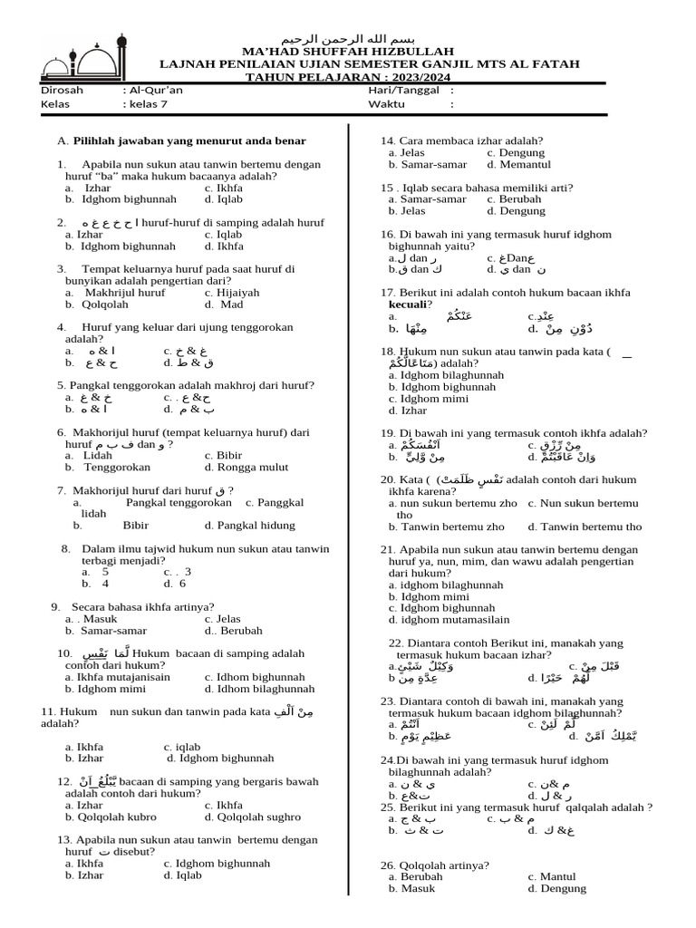 Soal Kls 7b TH 2024 2025 | PDF