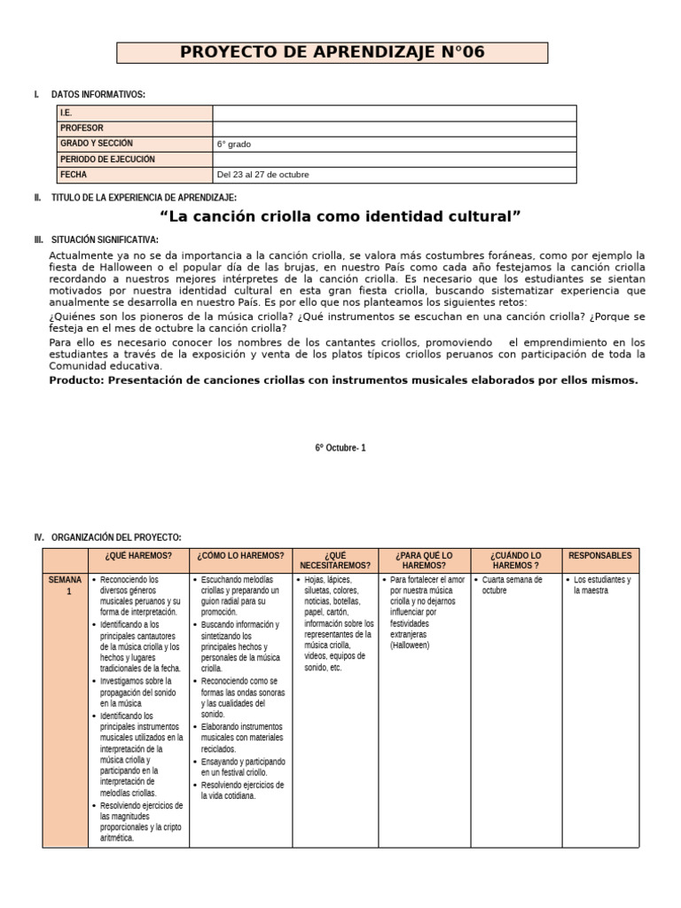 6° Grado - Proyecto de Aprendizaje N°06 | PDF | Ecuaciones | Canciones