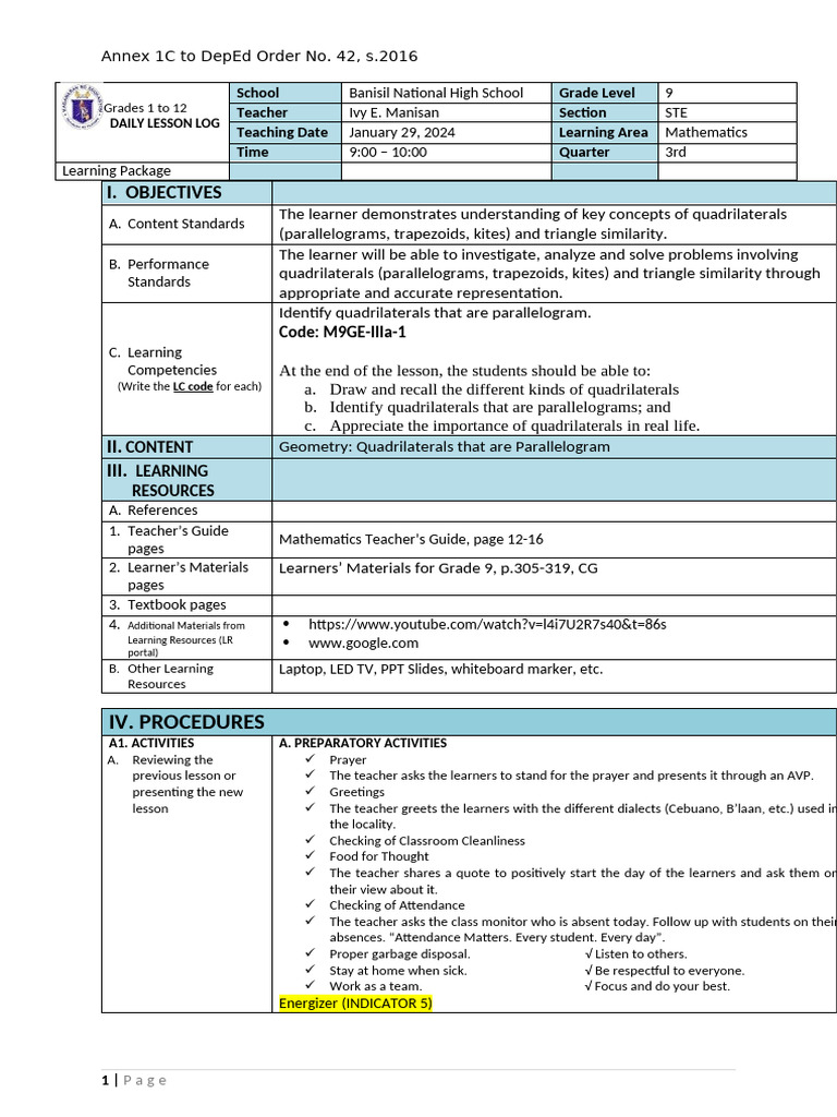 Demo DLP Co3 Manisanivy-Sy23-24 | PDF | Rectangle | Elementary Geometry