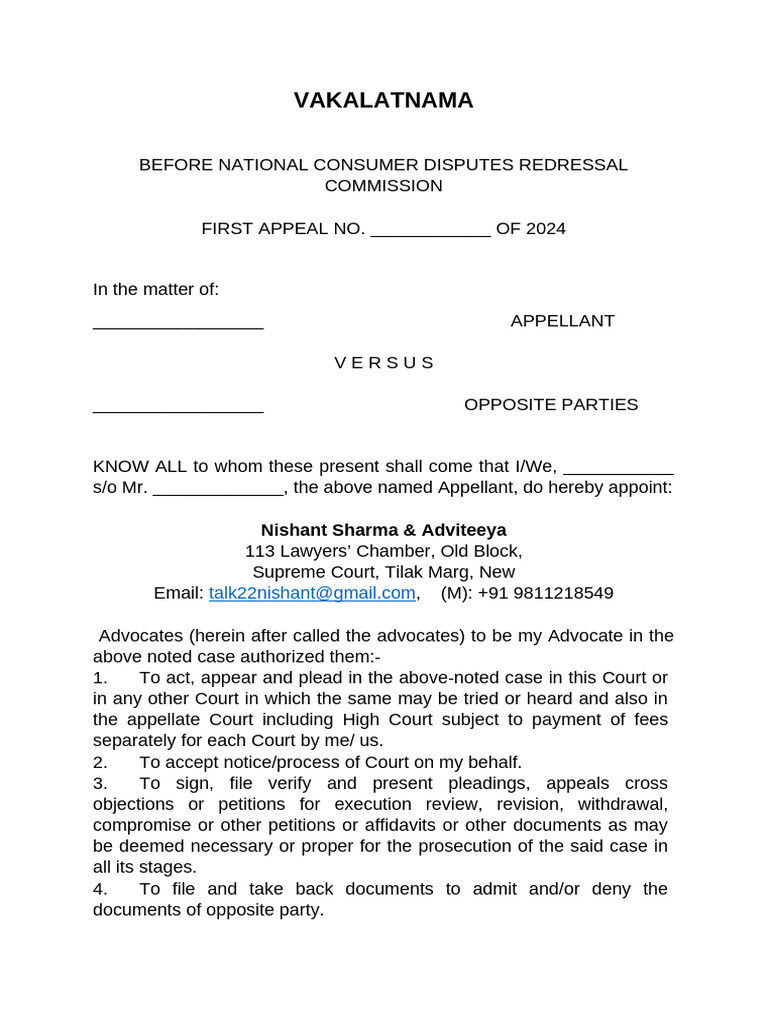NCDRC Vakalat | PDF | Advocate | Appeal