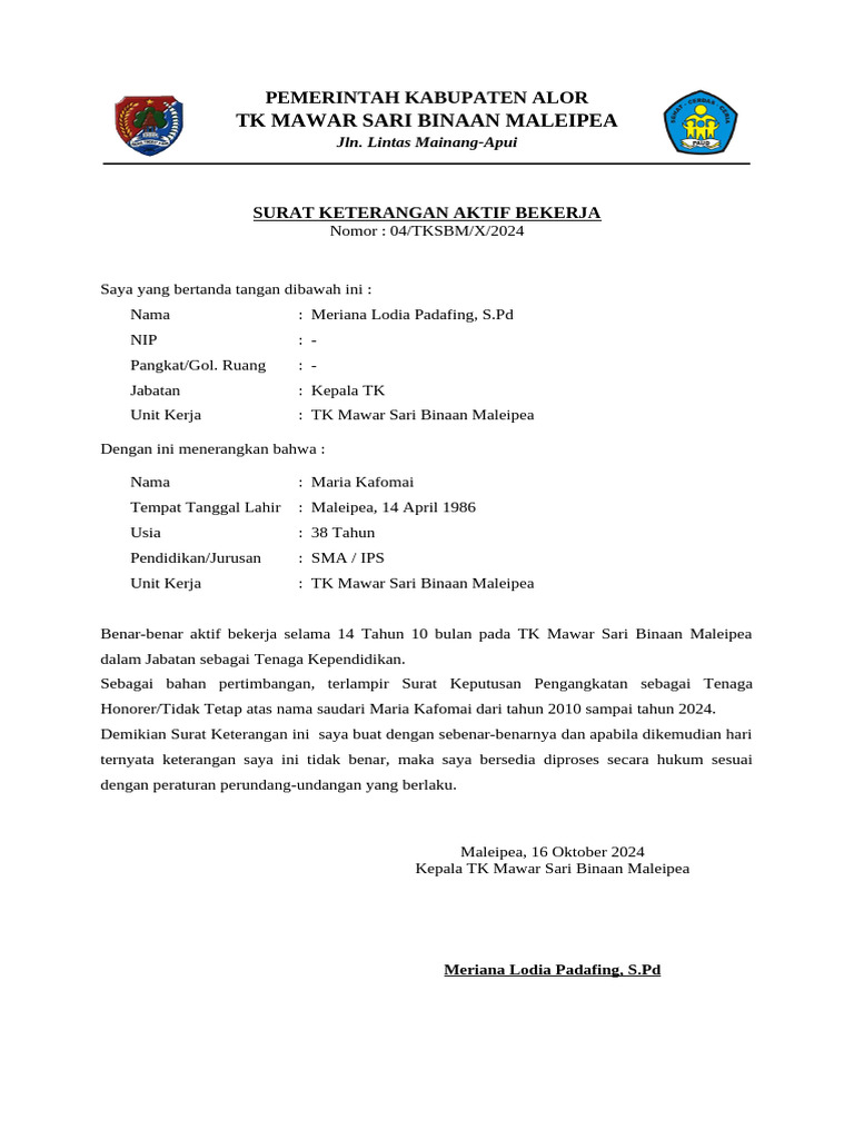 Surat Keterangan Aktif Bekerja TK Mawar Sari | PDF