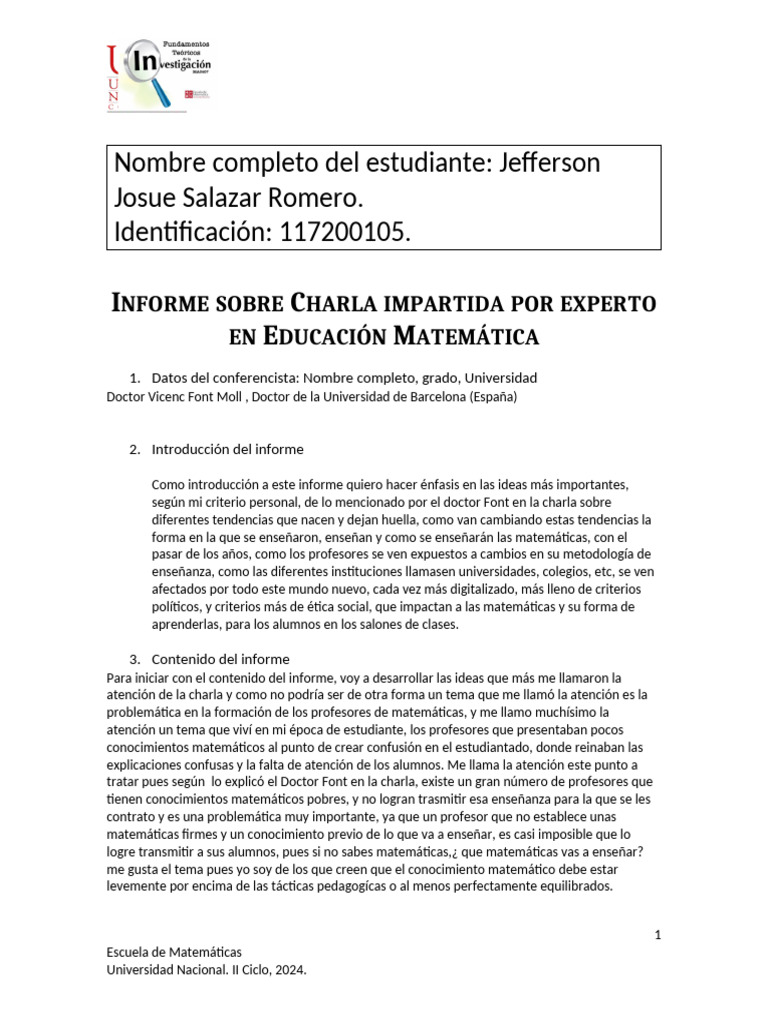 Plantilla para Informe Charla | PDF | Plan de estudios | Maestros