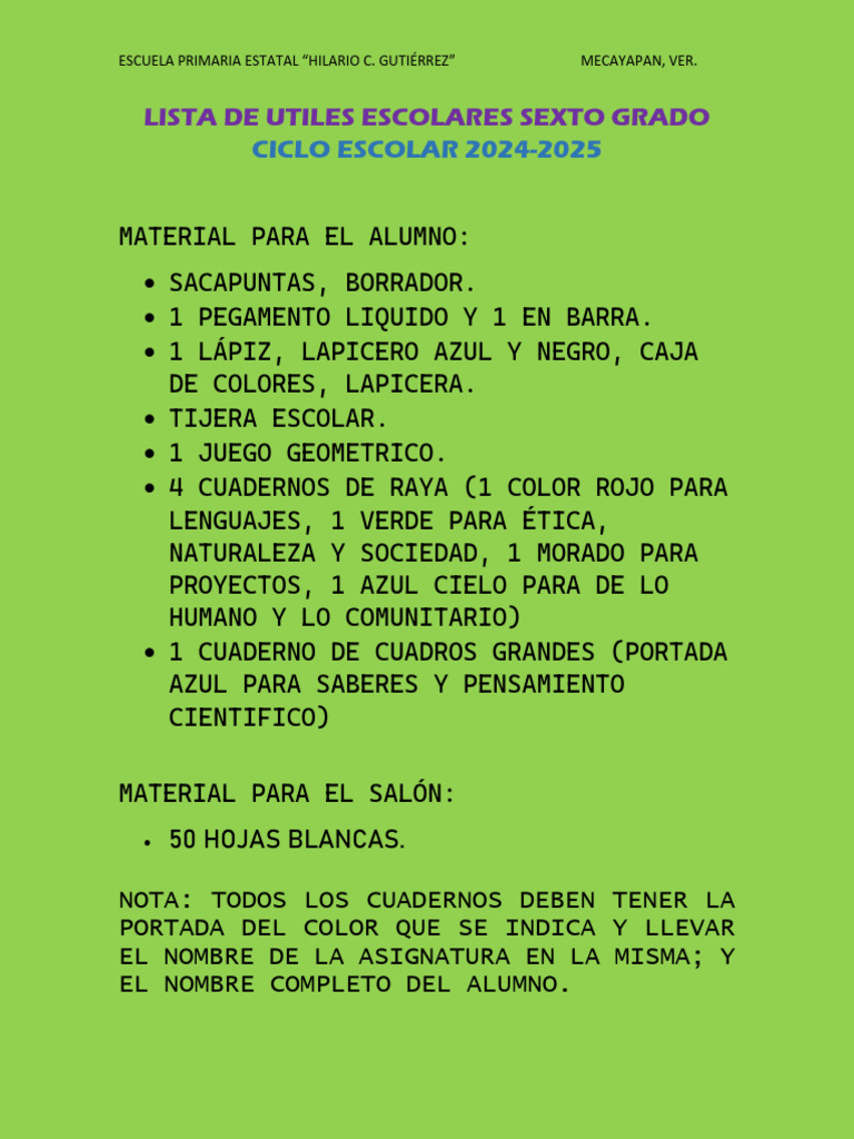 Lista de Utiles Escolares Sexto Grado Ciclo Escolar 2024_065317 | PDF