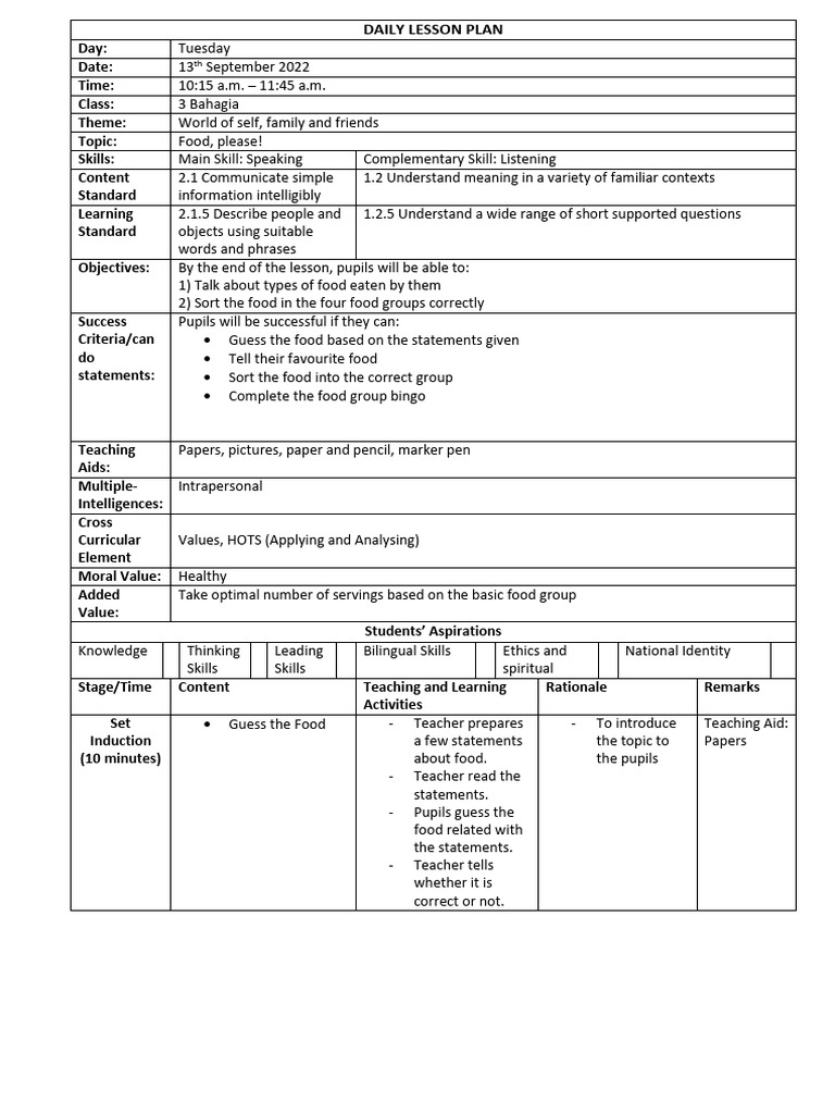 DAILY LESSON PLAN 13.9 | PDF | Lesson Plan | Teachers