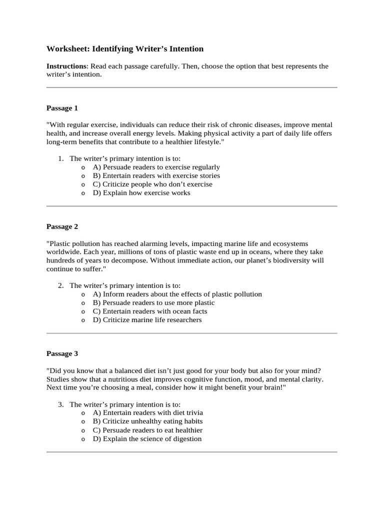 Identifying Writer's Intention - Worksheet | PDF | Breads | Diet ...
