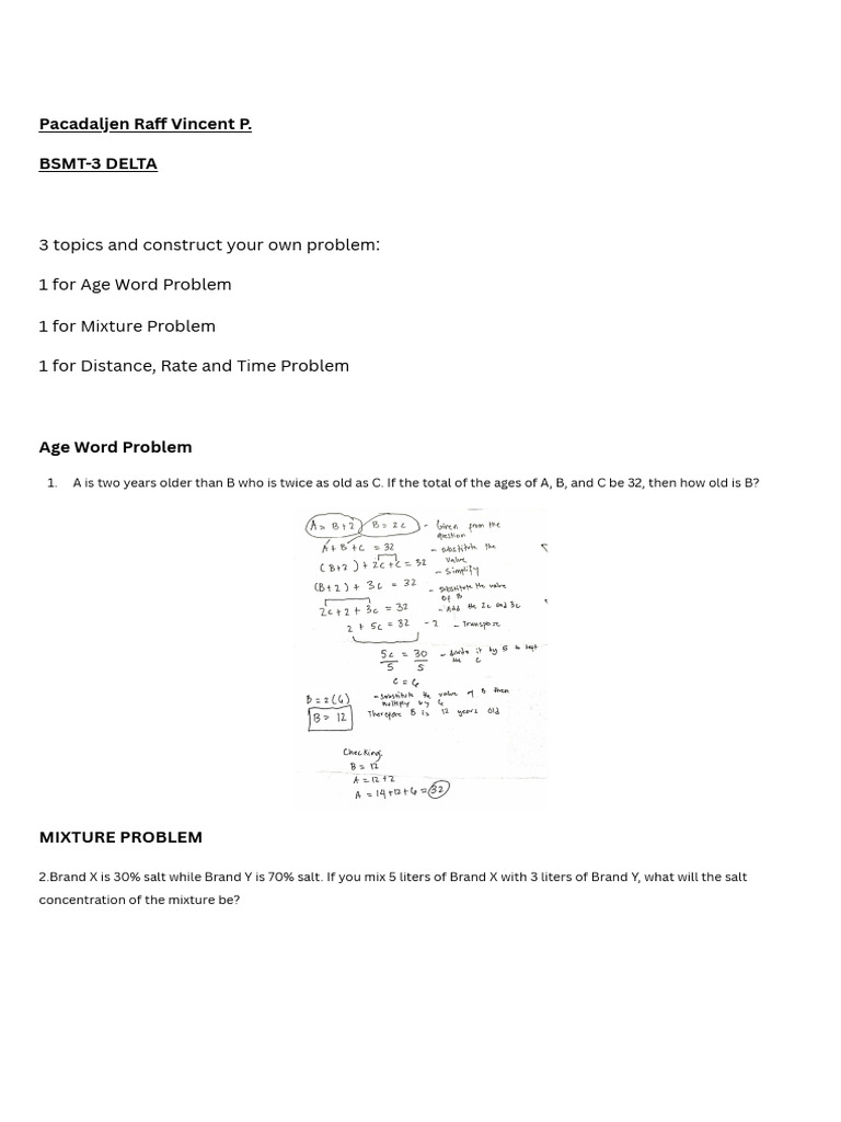 Age Problem, Mixture Problem, Distances, Rate, and Time Problem | PDF ...
