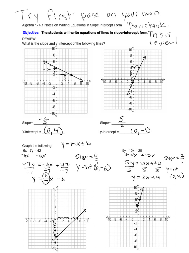 4.1 Notes On Writing Equations in Slope Intercept Form - Period 7 | PDF ...