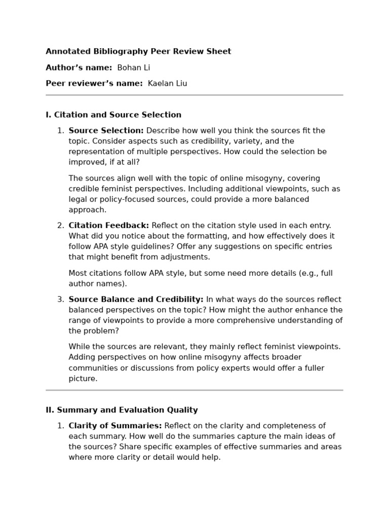 Annotated Bibliography Peer Review Sheet-1 | PDF | Citation | Evaluation