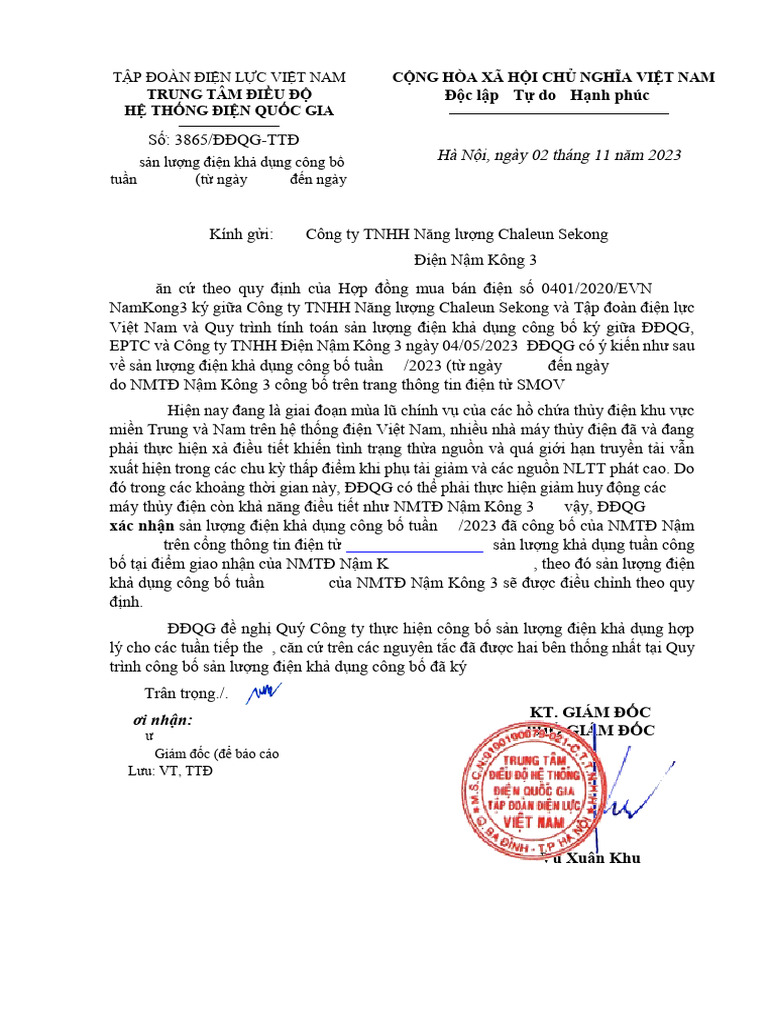 CV Gui Nam Kong 3 VV Cong Bo San Luong Kha Dung Tuan 46-2023 - Không ...