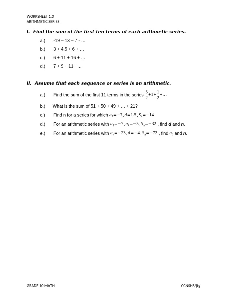 w1.3 Arithmetic Series | PDF | Teaching Methods & Materials