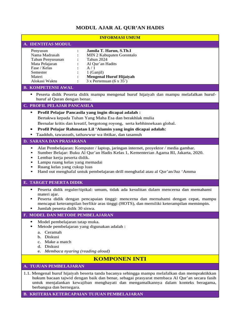 Modul Ajar Qurdis Kelas 1 | PDF