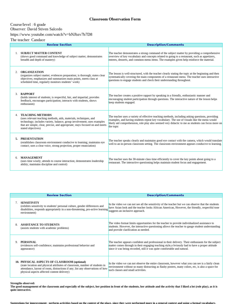 Classroom Observation Task 3 - 2024-1 | PDF | Teachers | Teaching Method