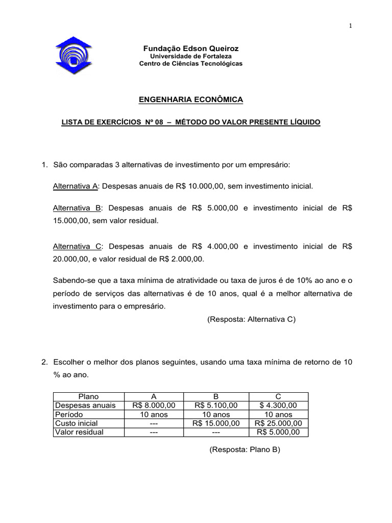 Lista Exercícios 08 Método Valor Presente Liquido | PDF | Valor ...