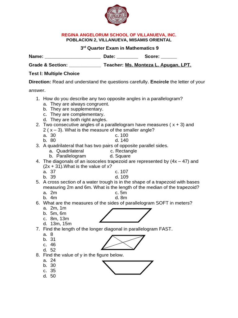 Math Exam for High School Students | PDF | Rectangle | Line (Geometry)