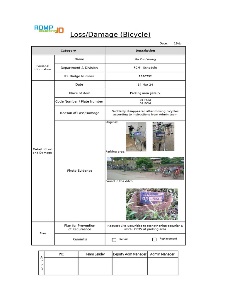 Loss - Damage (Bicycles) Form | PDF