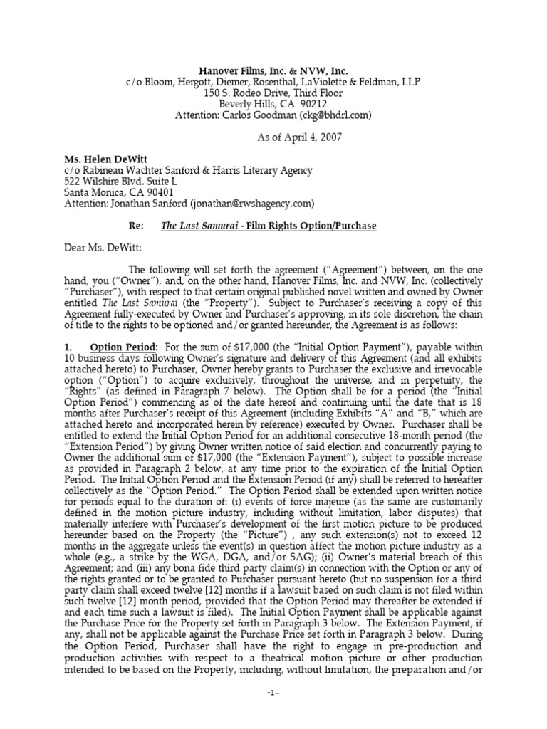 Last Samurai Film Rights Agreement | PDF | Assignment (Law) | Option ...
