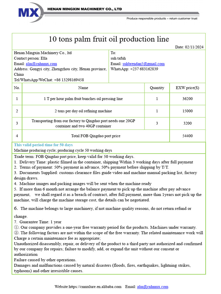 10 Tons Palm Fruit Oil Production Line | PDF