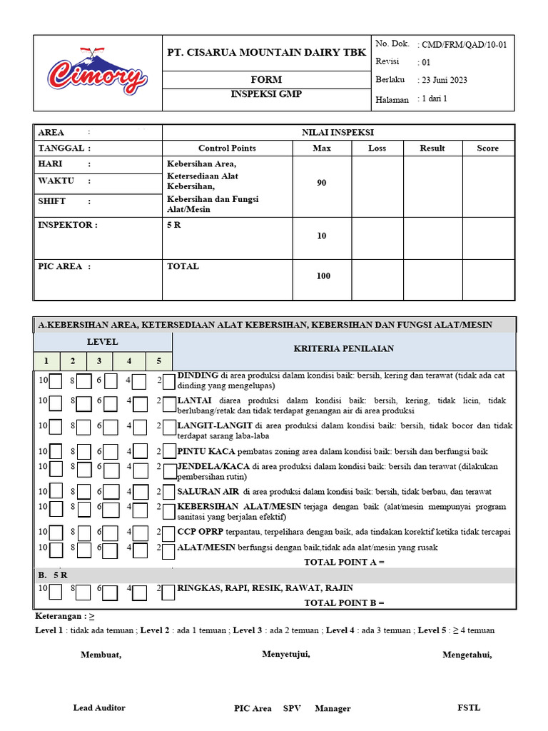 Form Inspeksi Area Produksi (Mixing) | PDF