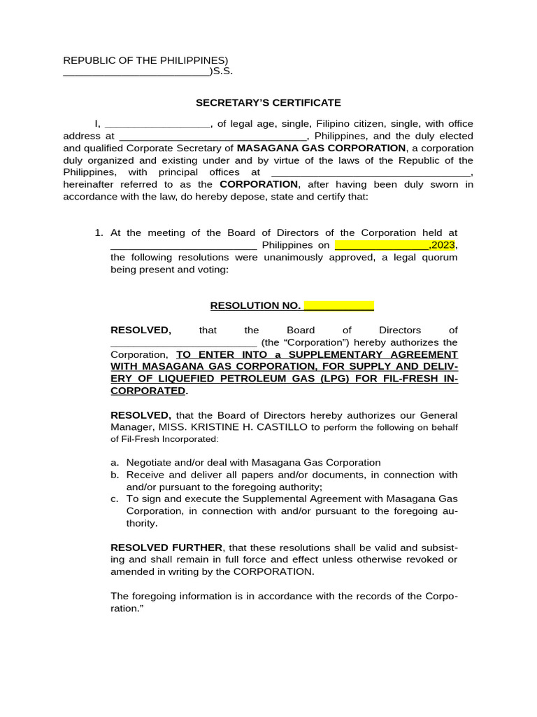 2023 Sec Cert Template Authorized Signatory of The Contract | PDF ...