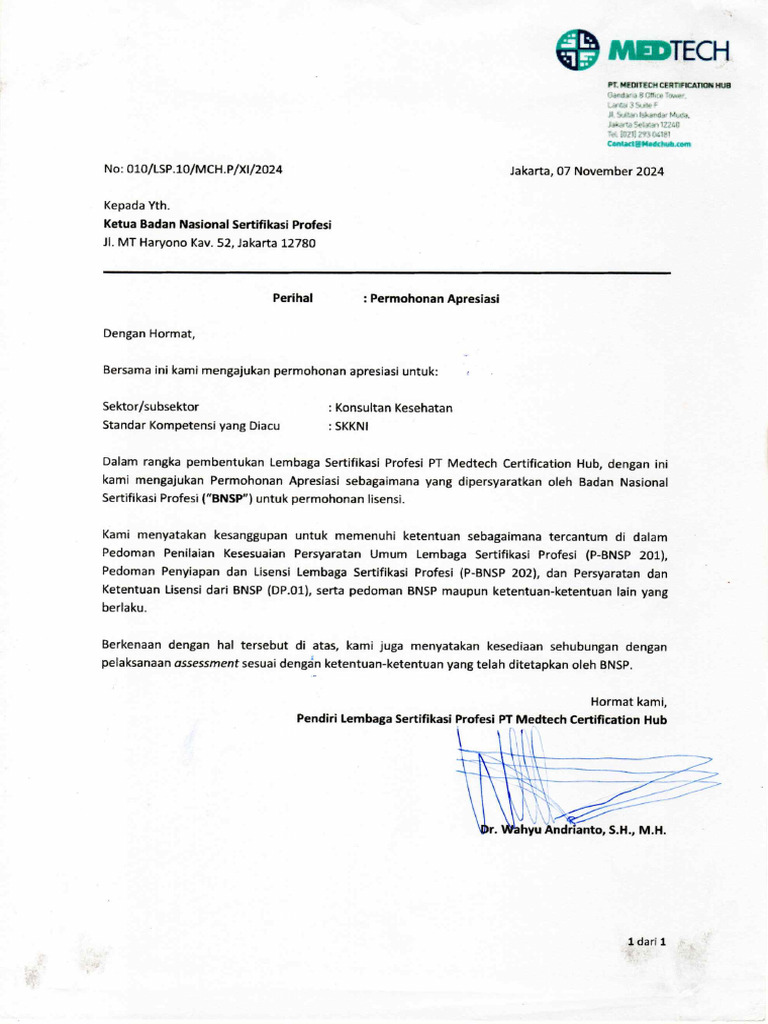 Surat Permohonan Apresiasi - LSP PT Medtech Certification Hub | PDF