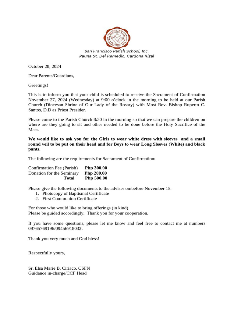 Confirmation Schedule and Requirements | PDF