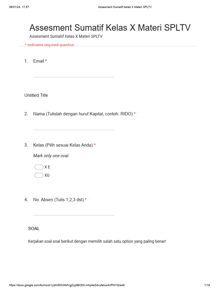 5 Assesment Sumatif Kelas X Materi SPLTV - Google Forms | PDF