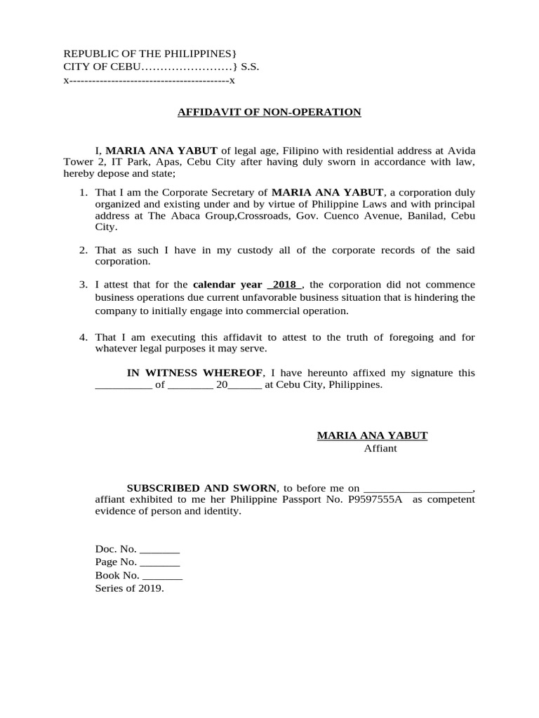 Affidavit of Non-Operation for Business | PDF